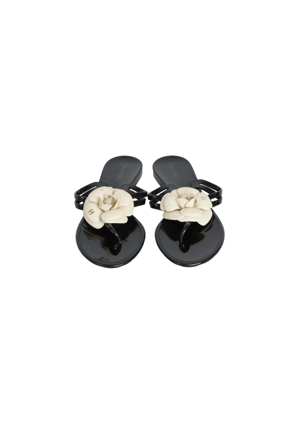 SANDÁLIA CHANEL RUBBER CAMELLIA SLIDES 36 PRETO ORIGINAL – Gringa